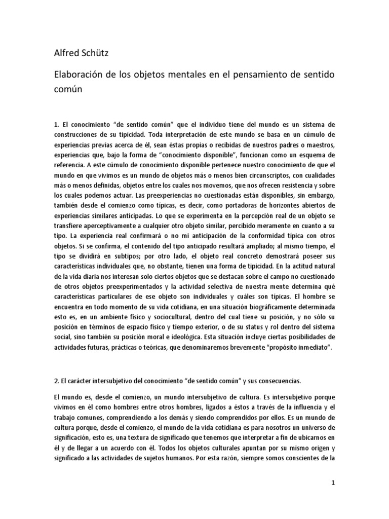 1 Alfred Schütz - Elaboracion de Los Objetos Mentales | PDF ...