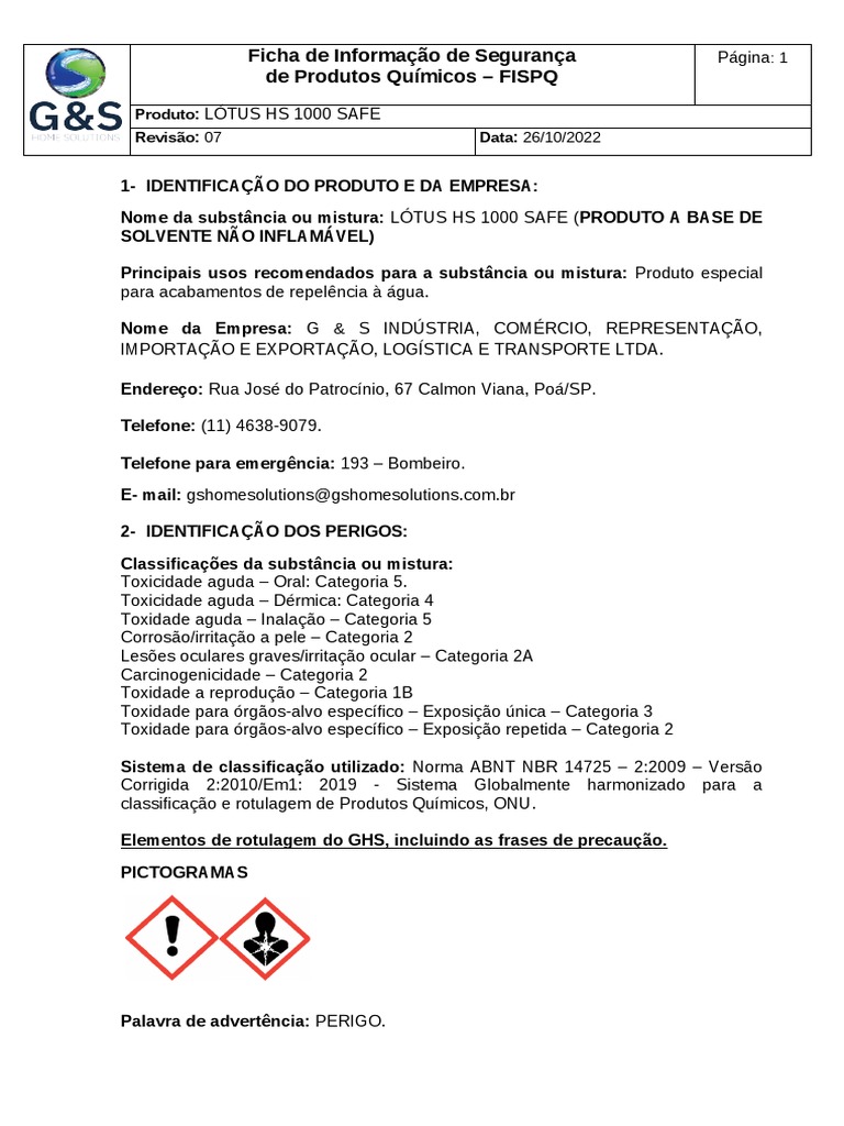 FISPQ LOTUS HS 1000 SAFE Rev. 07 | PDF | Combustão | Química