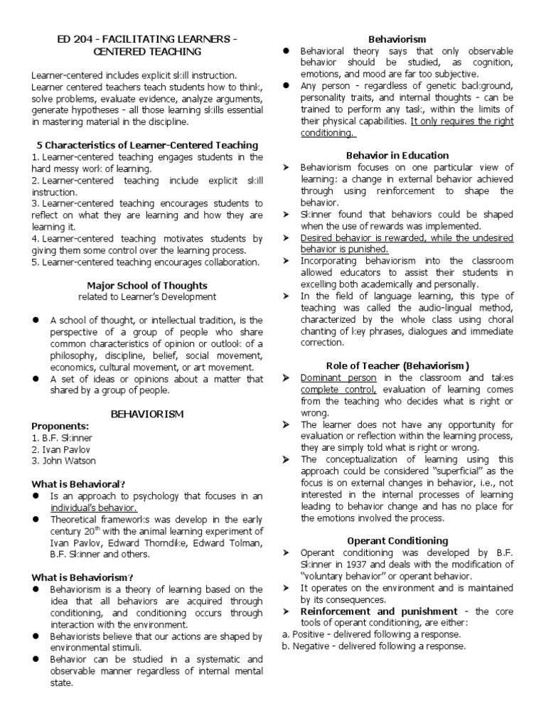 ED 204 Learner-Centered Teaching | Download Free PDF | Behaviorism | Learning