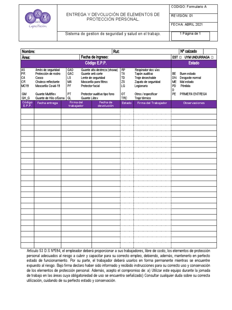 Formulario - Entrega y Devolucion de Elementos de Proteccion Personal. | PDF | Equipo de ...