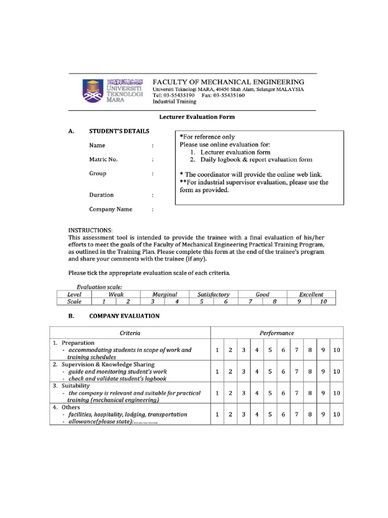 Evaluation Form Lecturer Pdf