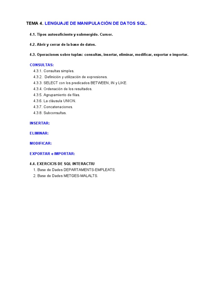 Lenguaje de Manipulación de Datos SQL.: Tema 4 | PDF | SQL | Notación