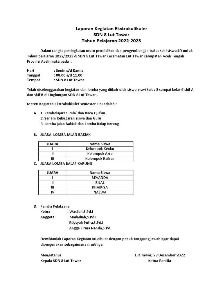Laporan Kegiatan Ekstrakulikuler | PDF