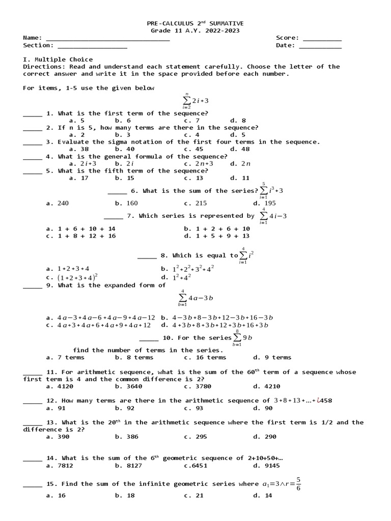 2nd Summative (Series and Sequence) | PDF | Summation | Mathematical Concepts