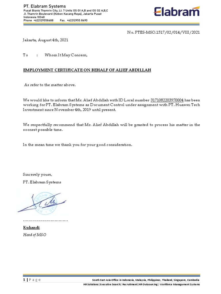 Employment Certificate for Alief Abdillah | PDF