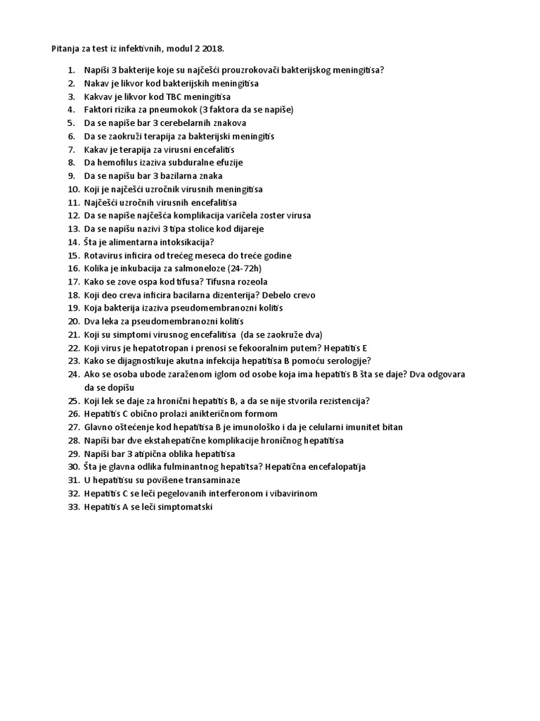 Pitanja Za Test Iz Infektivnih Modul 2 | PDF
