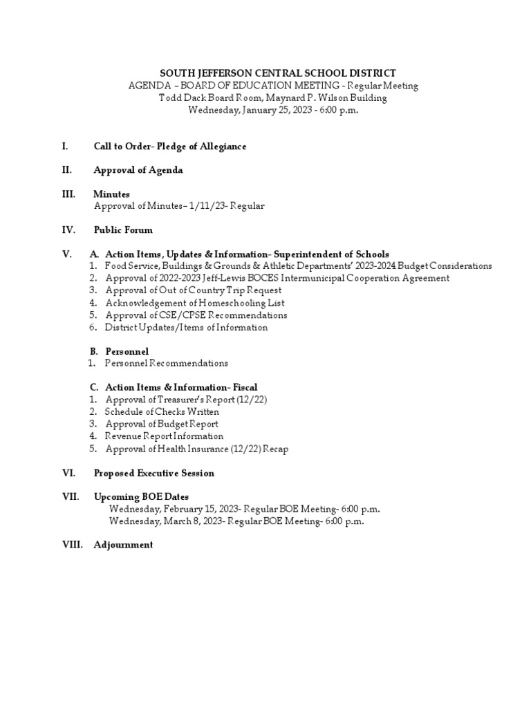 South Jefferson Central School District Board of Education Jan. 25 ...