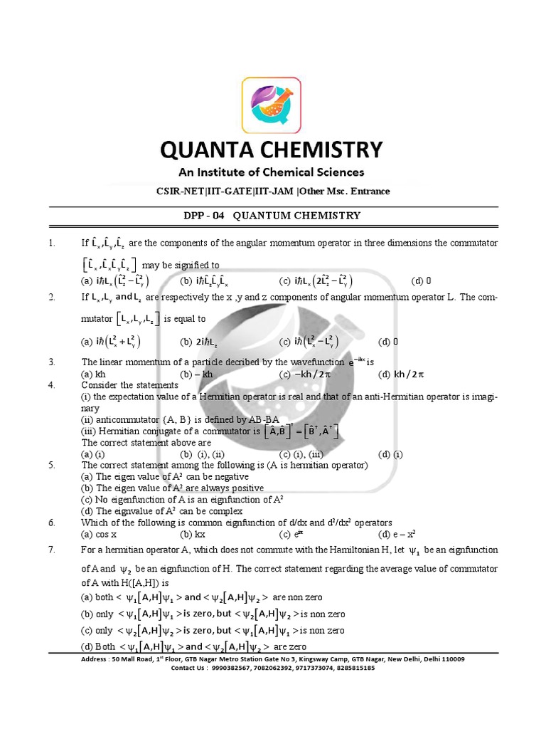 DPP - 04 Quantum Chemistry | PDF | Eigenvalues And Eigenvectors | Hamiltonian (Quantum Mechanics)