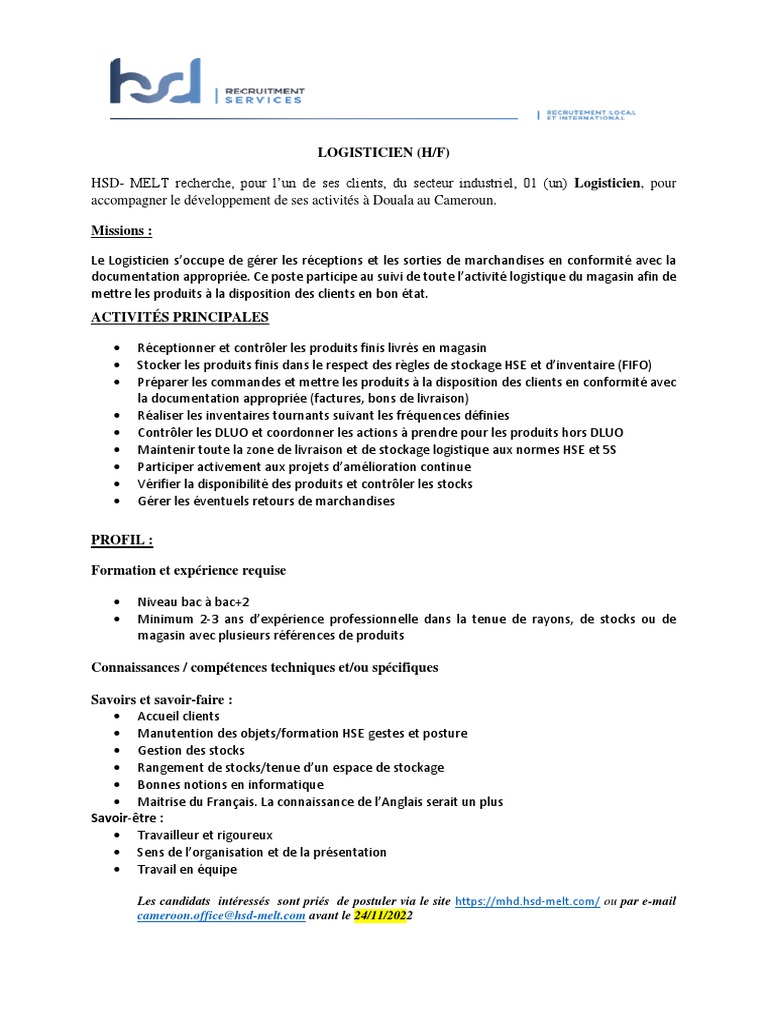 Offre d'Emploi: Logisticien à Douala | PDF | Évolution de carrière ...