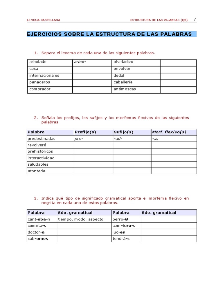 La Estructura de Las Palabras (Ejercicios Con Solucionario) - 1 | PDF