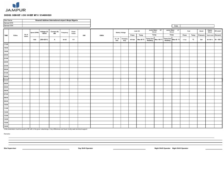Diesel Genset Log Sheet | PDF | Diesel Engine | Power (Physics)