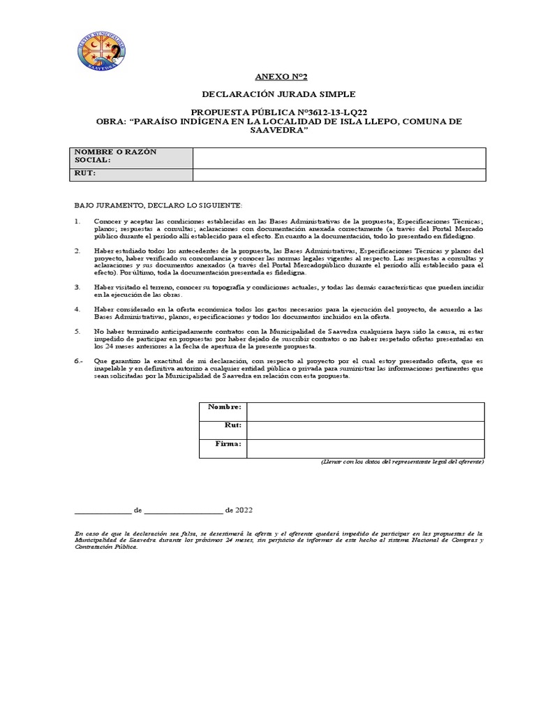 Anexo 2. - Declaracion Jurada Simple Aceptacion Bases | PDF