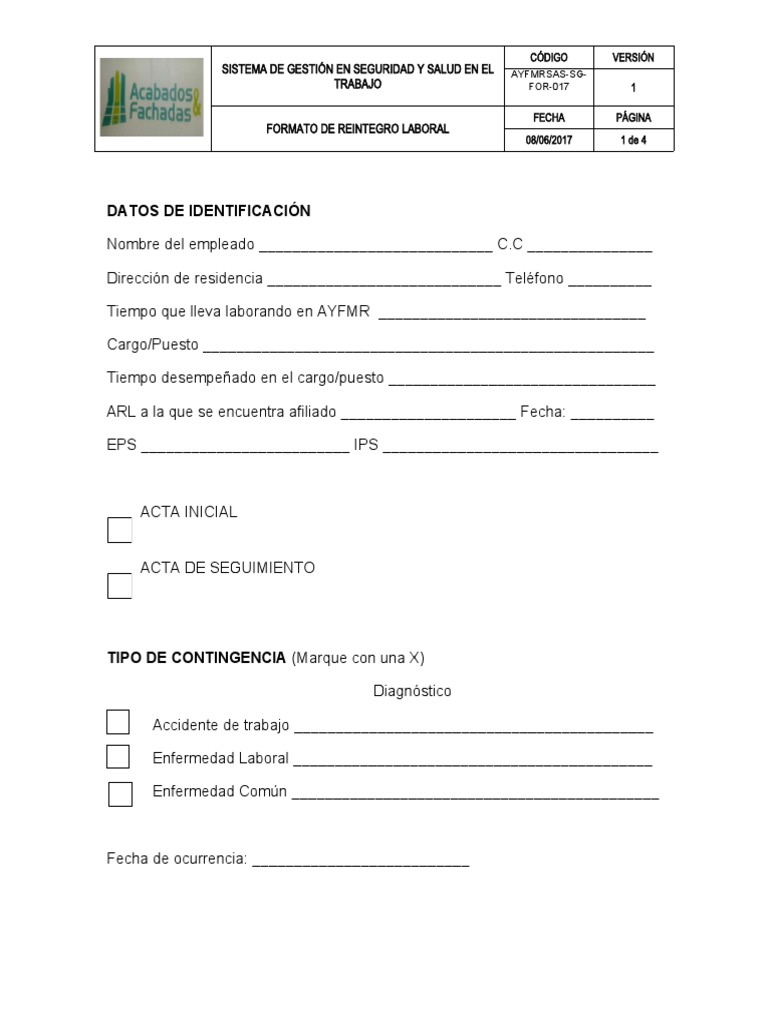 Formato de Reintegro Laboral | PDF | Ciencias de la Salud