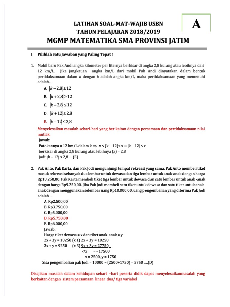 Pembahasan Latihan Usbn Mat Wajib Th. 2018-2019 (A) | PDF