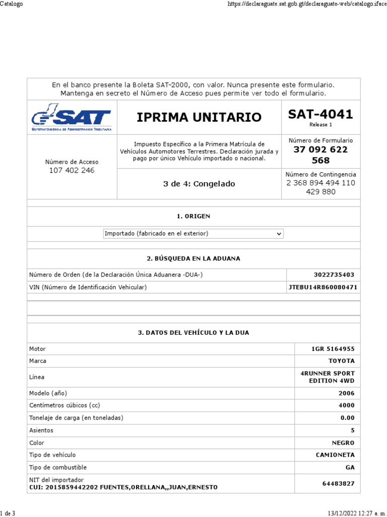 IPRIMA Vehículo | PDF | Impuestos | Vehículos