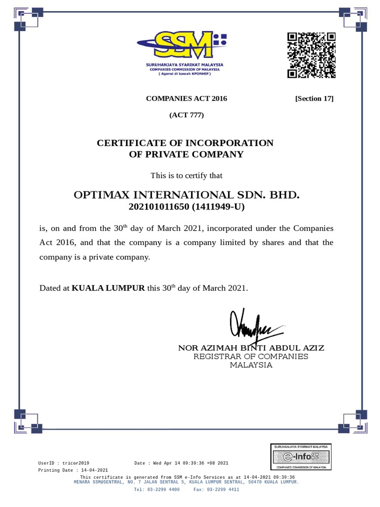 Section 17 Certificate of Incorporation | PDF