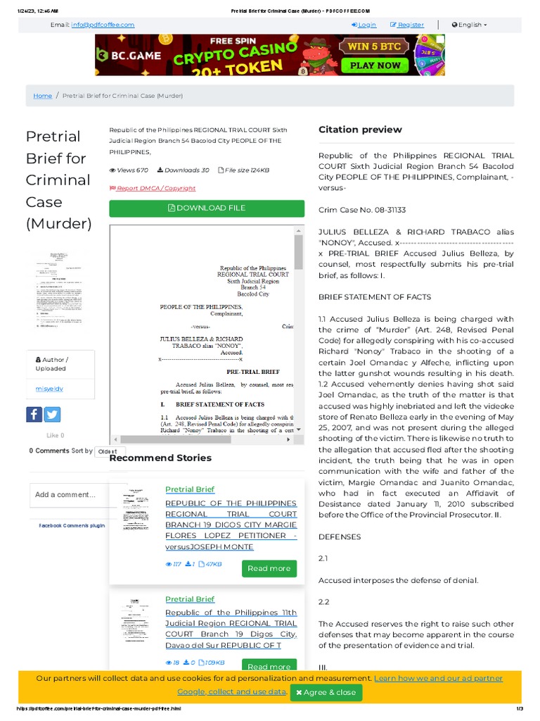 Pretrial Brief For Criminal Case (Murder) | PDF
