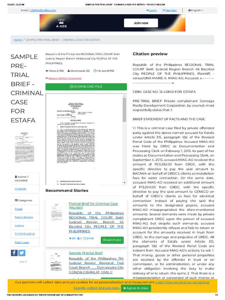 Sample Pre-Trial Brief - Criminal Case For Estafa | Download Free PDF ...