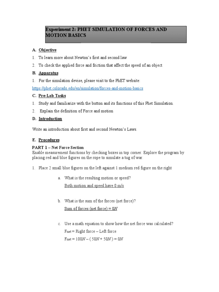 Exploring Newton's Laws of Motion Through a PhET Forces and Motion ...