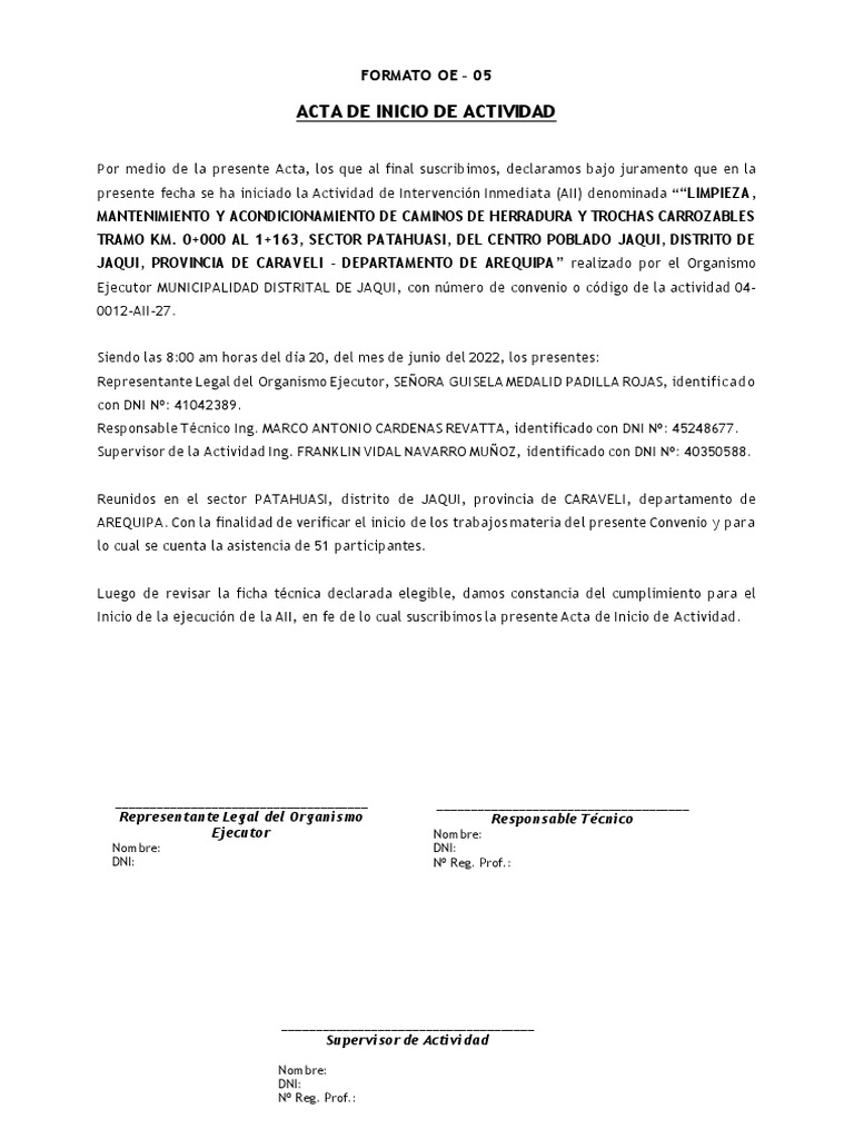 Formato OE-05 (Acta de Inicio) | PDF