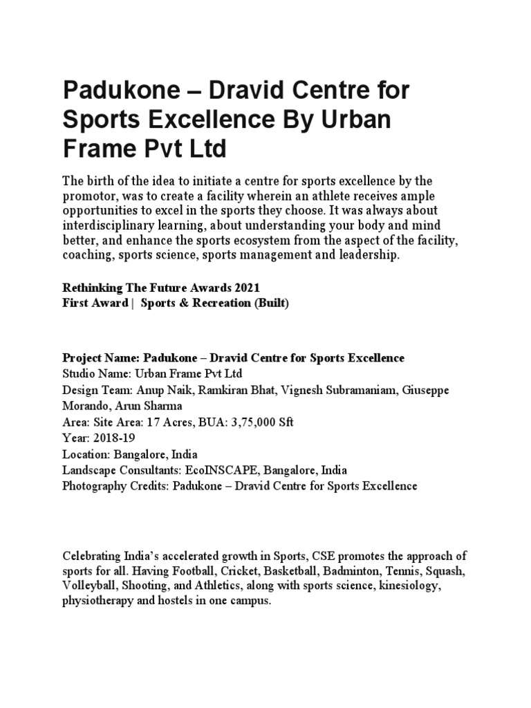 Padukone-Dravid Sports Excellence Center | PDF | Sports | Leisure