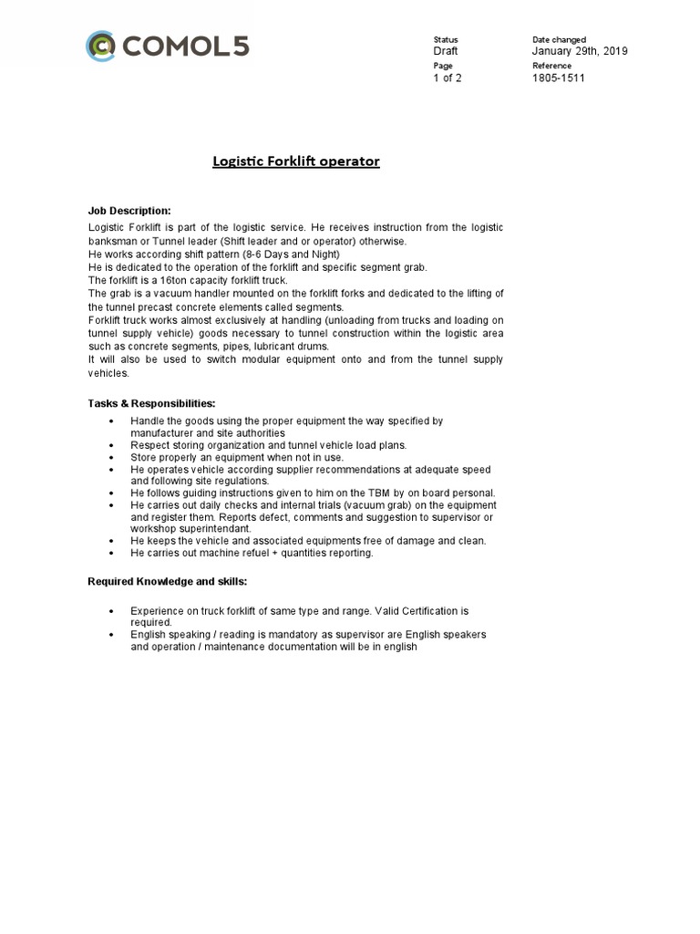 Logistic Forklift Operator Job Description | PDF | Forklift | Supply ...