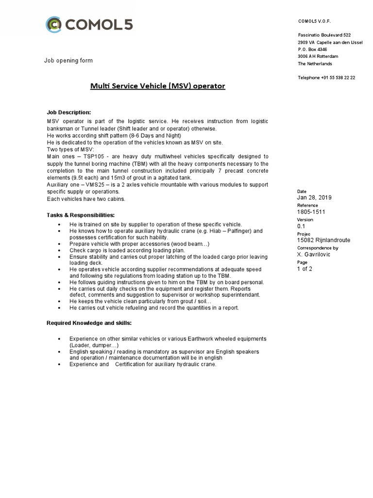 MSV Operator Job Description | PDF | Transport | Manufactured Goods
