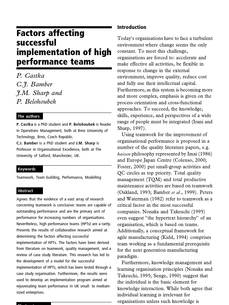 Factors Affecting Implementation of High Performance Teams | PDF | Team ...