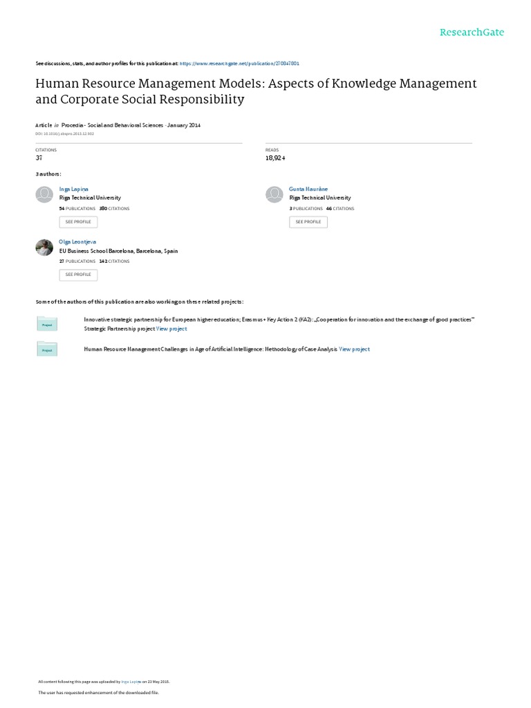 Human Resource Management Models: Aspects of Knowledge Management and Corporate Social ...