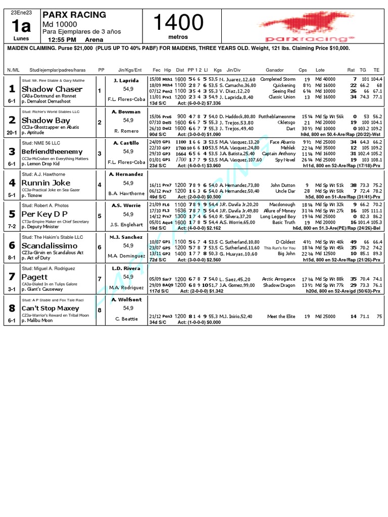 1 - Parx Racing Retrospectos | PDF | Racehorses | Horse Racing