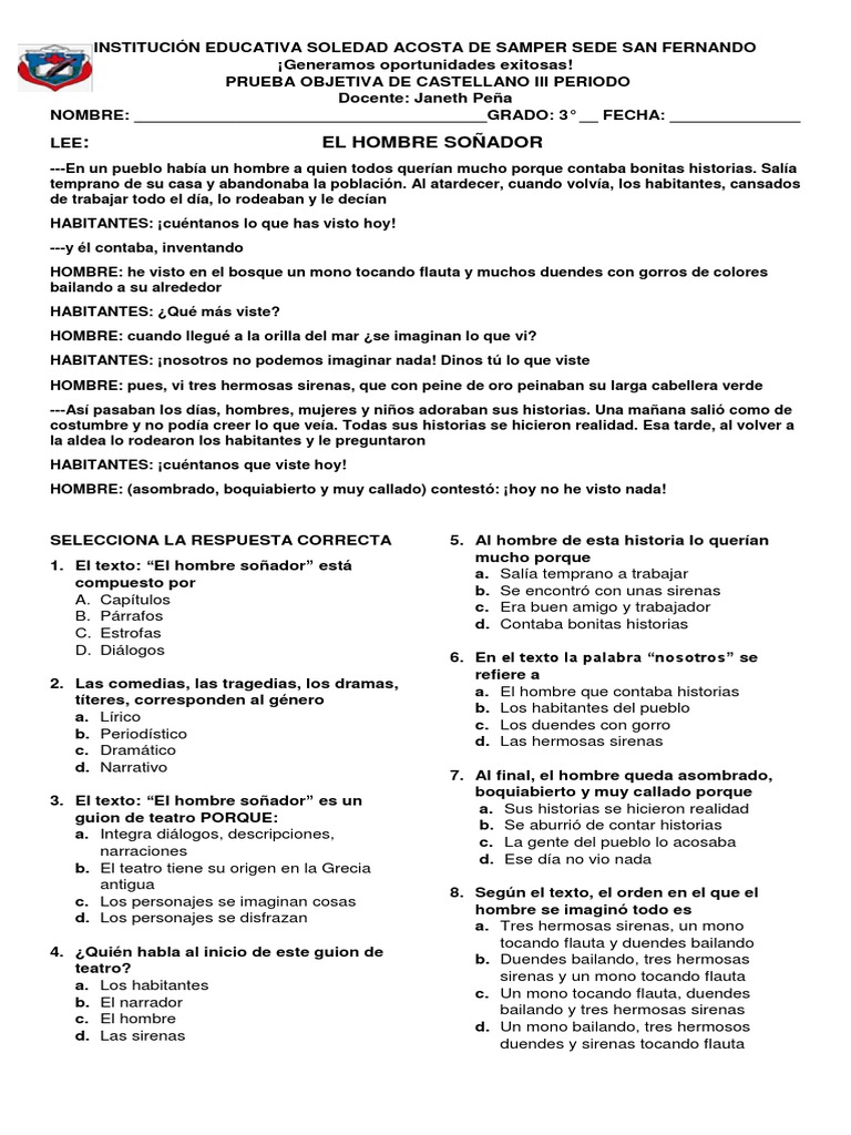 Prueba de Castellano para 3° Grado | PDF | Narración | Teatro