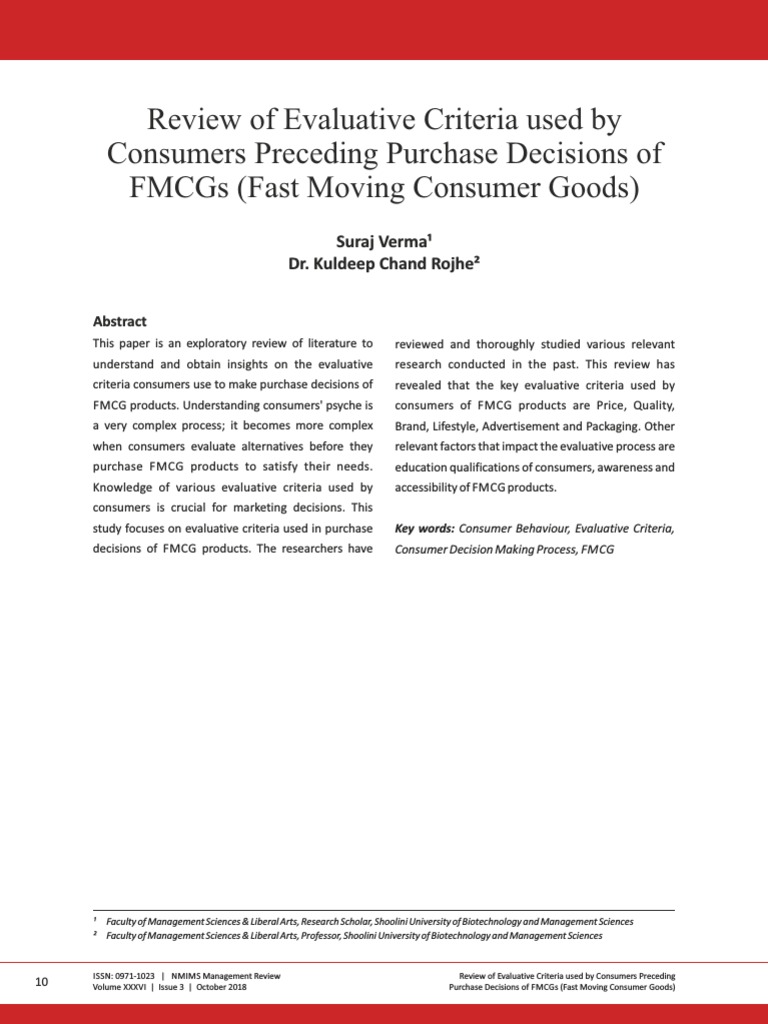 Review of Evaluative Criteria Used by Consumers Preceding Purchase ...