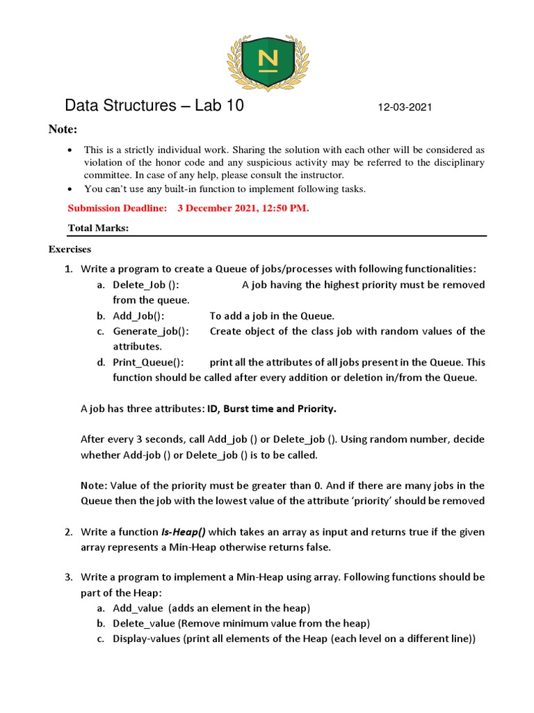 Data Structures Lab 10 Queue Heap Implementation And Functions Pdf Queue Abstract Data 