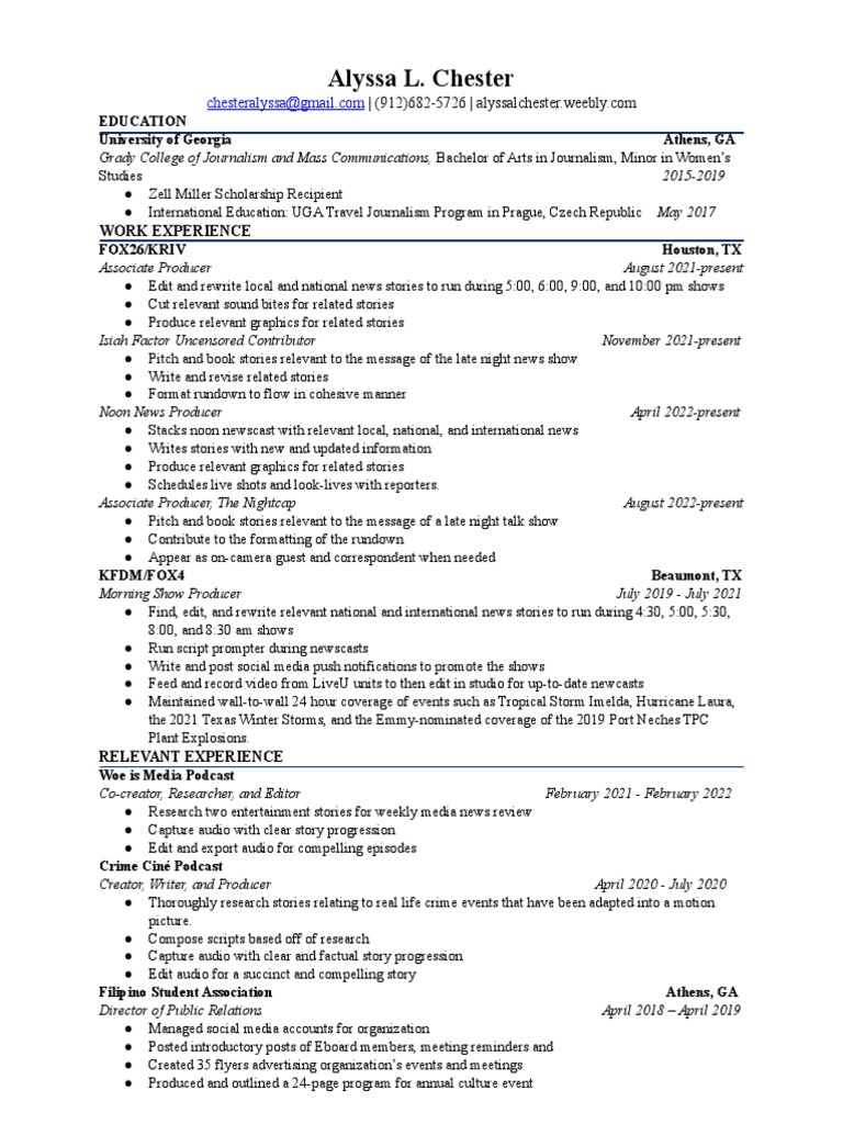Alyssa Chester - Resume | Download Free PDF | News Broadcasting | Mass Media