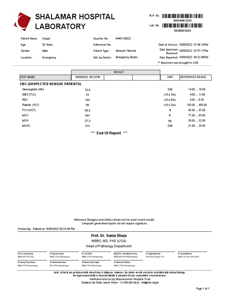 CBC results for suspected dengue patient | PDF | Medicine | Health Care