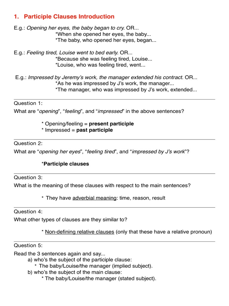 Participle Clause | PDF | Subject (Grammar) | Verb