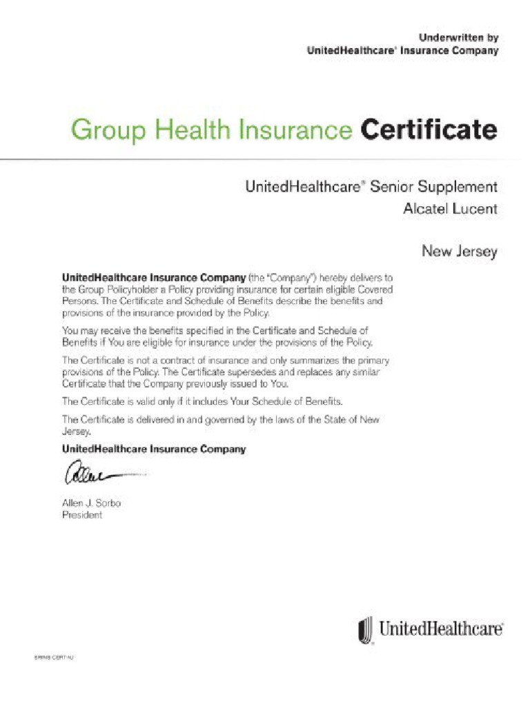 Group Health Insurance Certificate Uhcretireecom1 | PDF