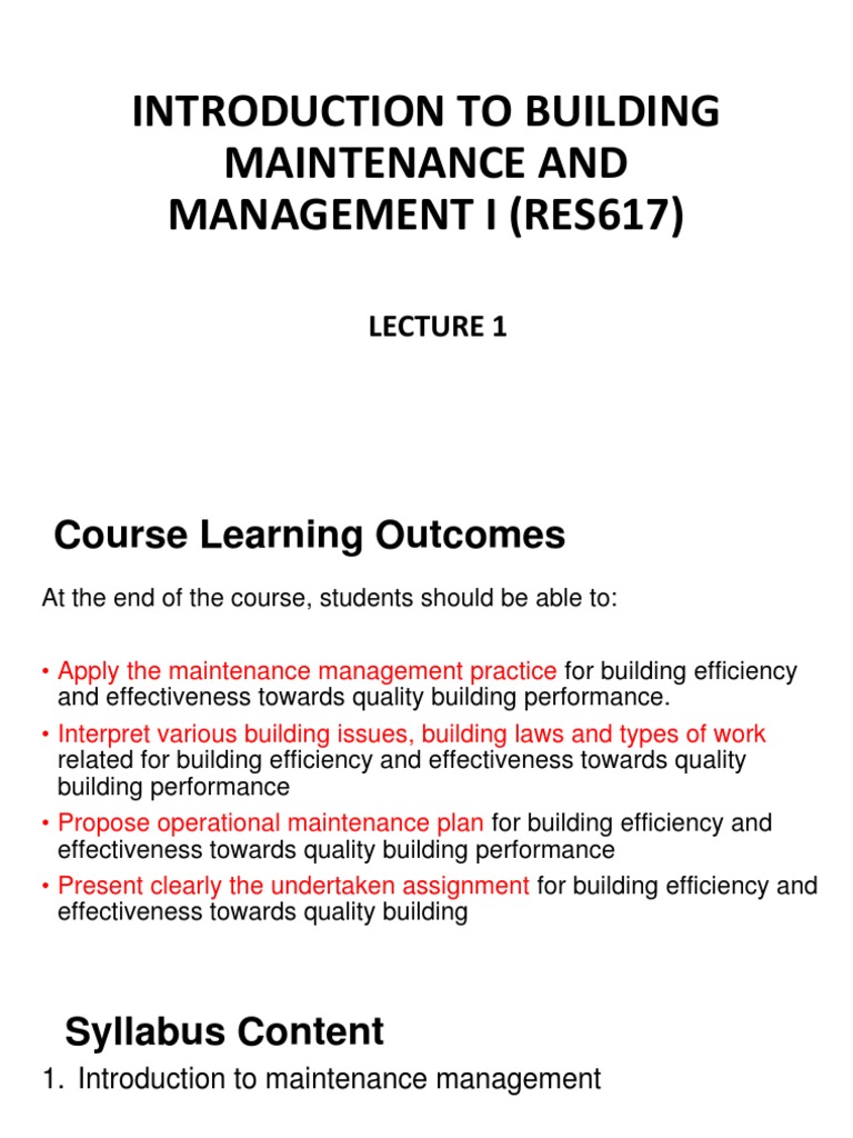 LESSON 1 0 2 INTRODUCTION TO BUILDING MAINTENANCE MANAGEMENT | Download ...