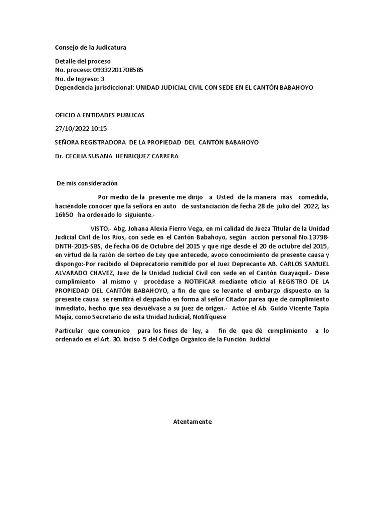 Procedimiento para levantar embargo de bienes inmuebles y notificar al ...