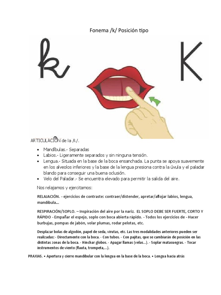 La articulación del fonema /k/ y ejercicios praxícos para su emisión | PDF | Boca | Rasgos faciales