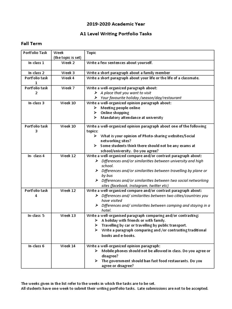 2019-2020 Academic Year A1 Level Writing Portfolio Tasks Fall Term | PDF | Essays