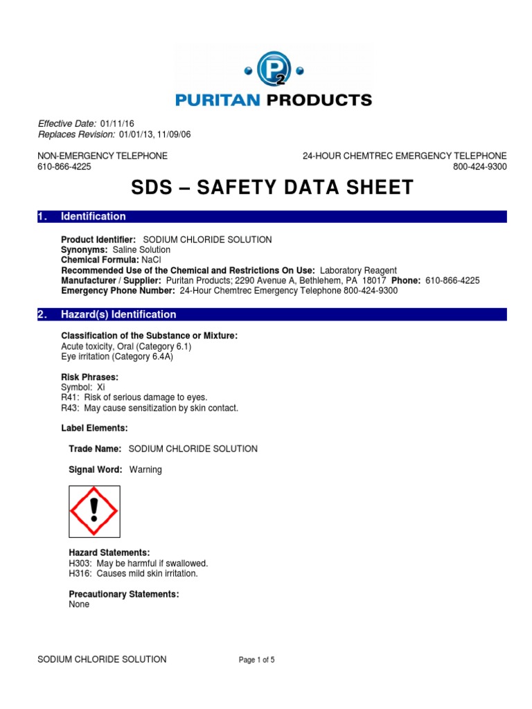 Sodium Chloride Solution Safety Data Sheet | PDF | Toxicity | Personal ...