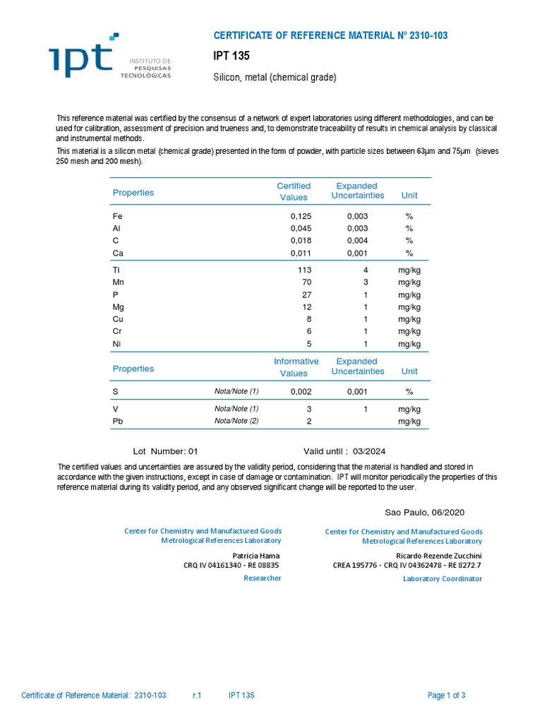 Certificate IPT 135 | PDF | Metrology | Spectroscopy