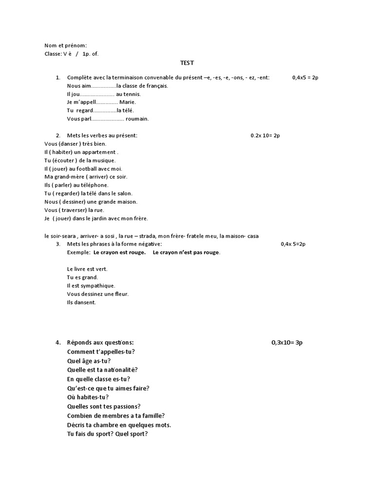 Test de français : Présent et négation | PDF