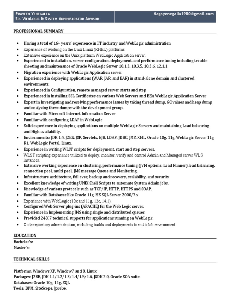 Naga Praveen - WebLogic Resume | PDF | Active Directory | Networking