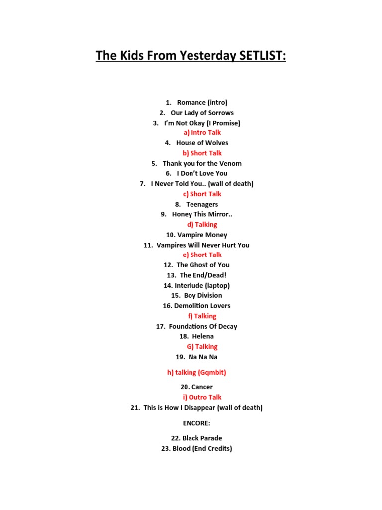 The Kids From Yesterday SETLIST | PDF | Twilight (Meyer Novel)