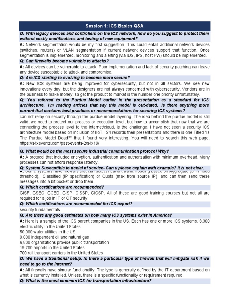 ICS Security Essentials Q&A | PDF | Security | Computer Security