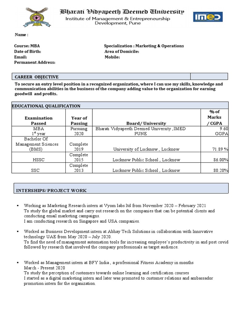 IMED CV Format | Download Free PDF | Marketing | Master Of Business Administration