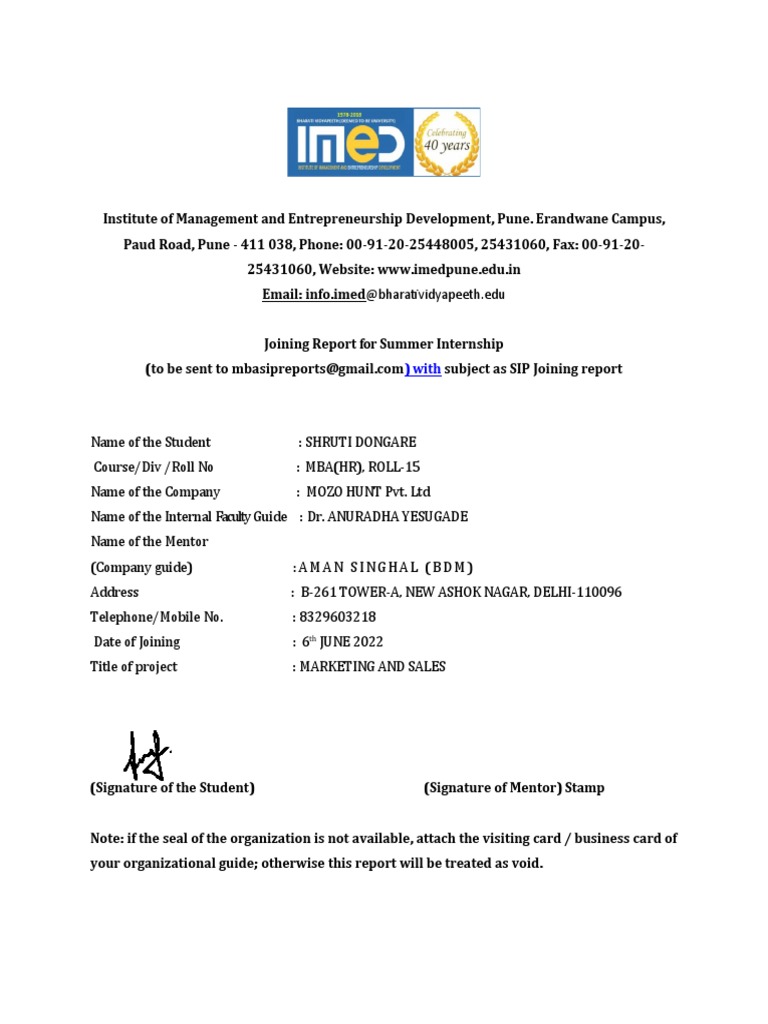 Joining Report IMED | PDF | Career & Growth