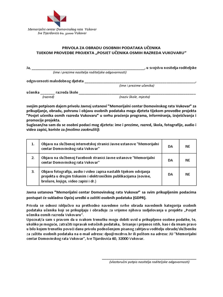 Privola Za Obradu Osobnih Podataka Učenika Tijekom Provedbe Projekta ...